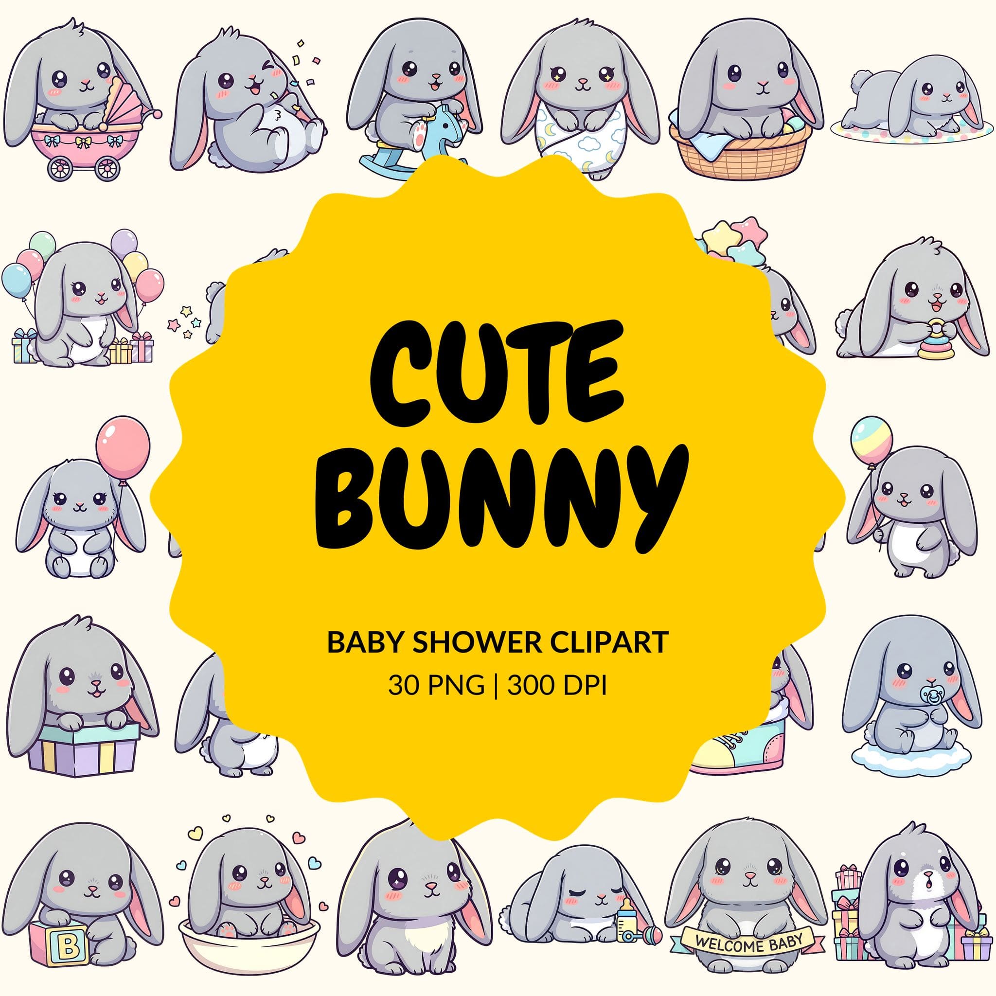 Kawaii Bunny Clipart Bundle | Cute Bunny PNG, Baby Shower Clipart ...